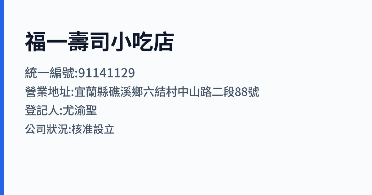 福一壽司小吃店 - 統編 91141129(宜蘭縣) 公司登記資料與營業項目詳細圖表