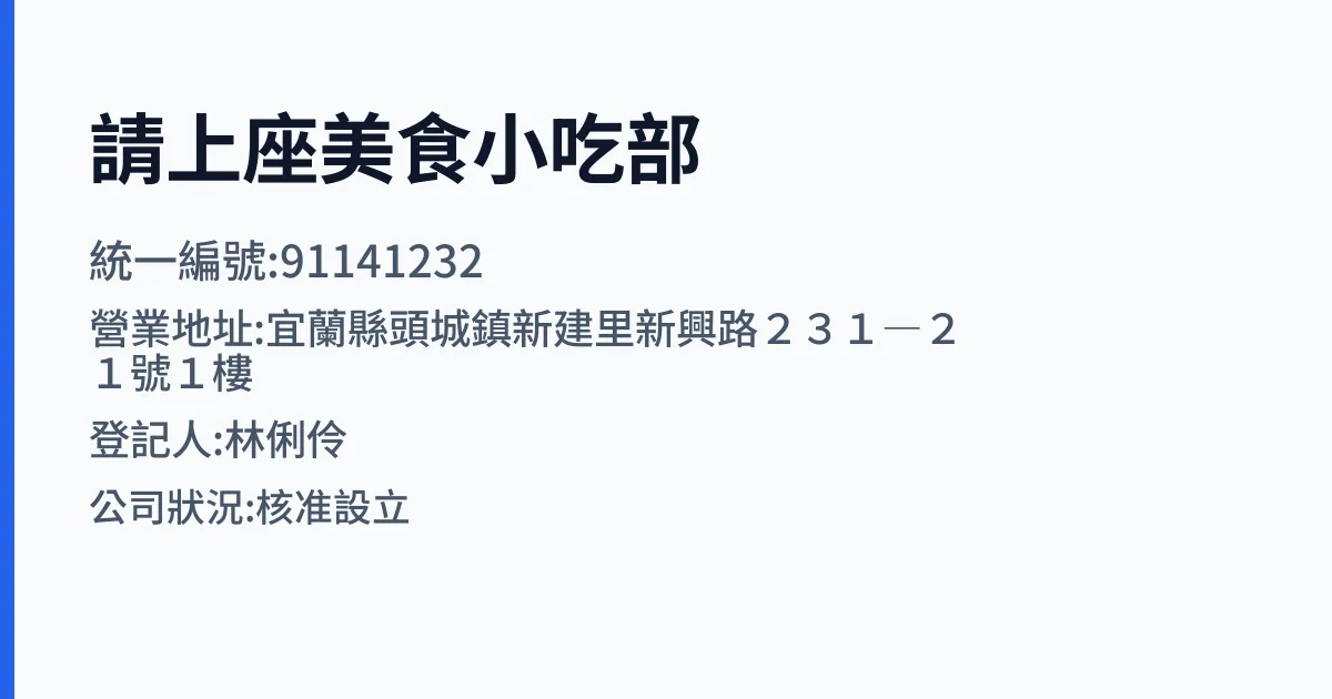 請上座美食小吃部 - 統編 91141232(宜蘭縣) 公司登記資料與營業項目詳細圖表