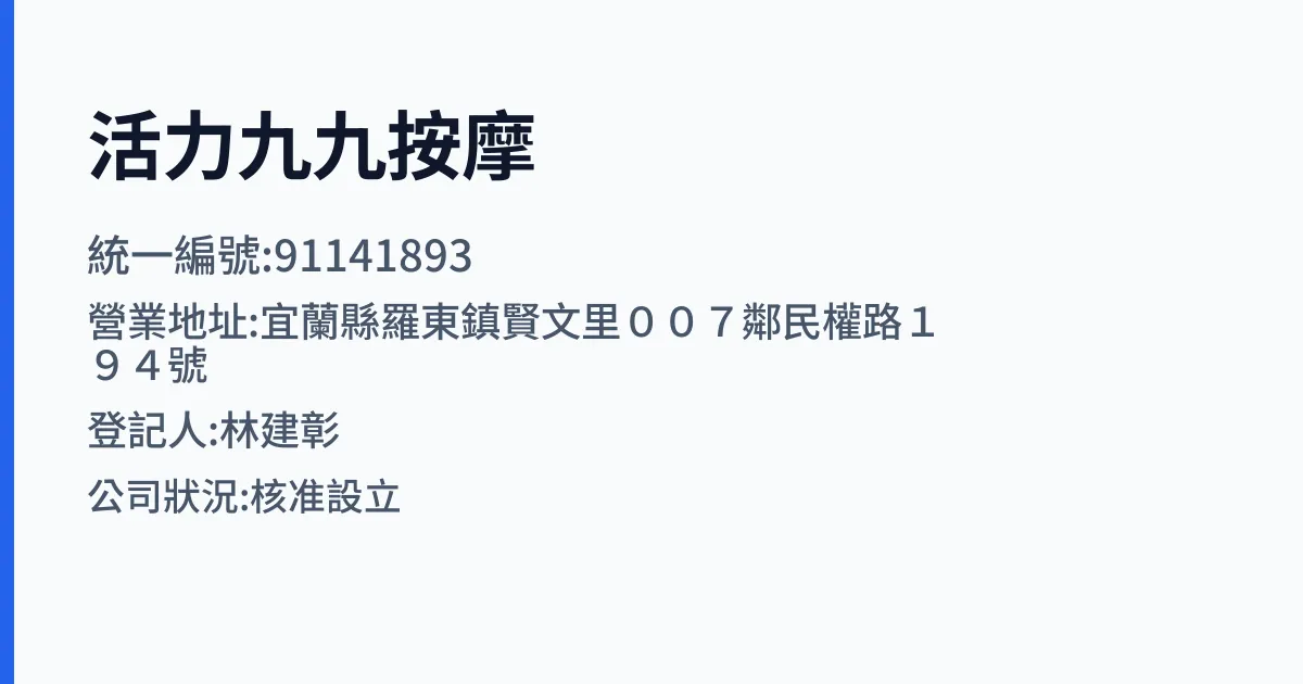 活力九九按摩 - 統編 91141893(宜蘭縣) 公司登記資料與營業項目詳細圖表