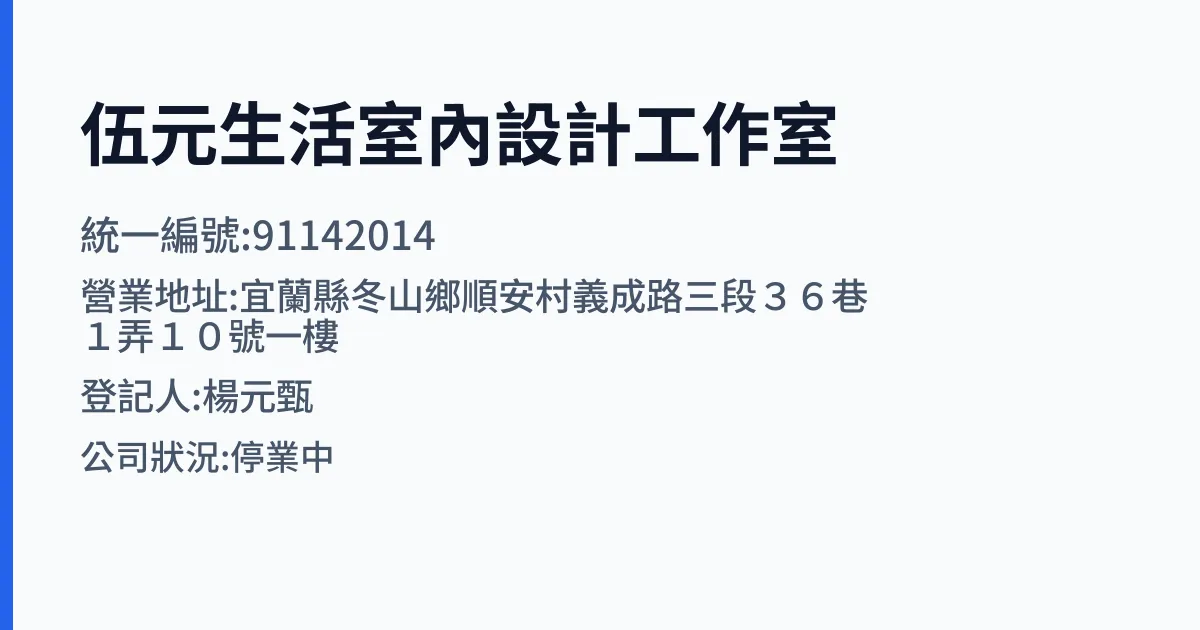 伍元生活室內設計工作室 - 統編 91142014(宜蘭縣) 公司登記資料與營業項目詳細圖表