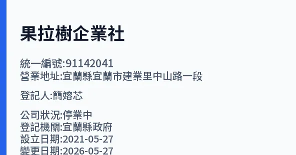 果拉樹企業社的照片-統編 91142041(宜蘭縣) 公司登記資料與營業項目詳細圖表