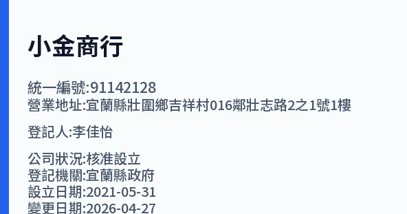 小金商行的照片-統編 91142128(宜蘭縣) 公司登記資料與營業項目詳細圖表
