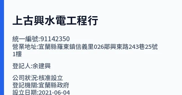 上古興水電工程行的照片-統編 91142350(宜蘭縣) 公司登記資料與營業項目詳細圖表