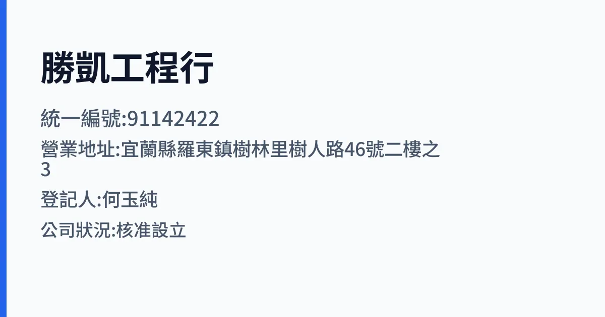 勝凱工程行 - 統編 91142422(宜蘭縣) 公司登記資料與營業項目詳細圖表