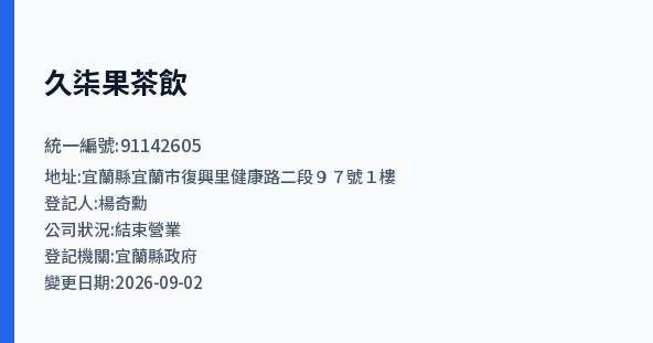 久柒果茶飲的照片-統編 91142605(宜蘭縣) 公司登記資料與營業項目詳細圖表