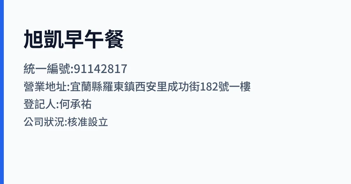 旭凱早午餐 - 統編 91142817(宜蘭縣) 公司登記資料與營業項目詳細圖表
