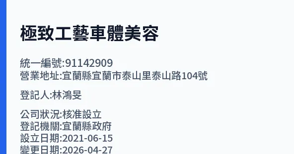 極致工藝車體美容的照片-統編 91142909(宜蘭縣) 公司登記資料與營業項目詳細圖表