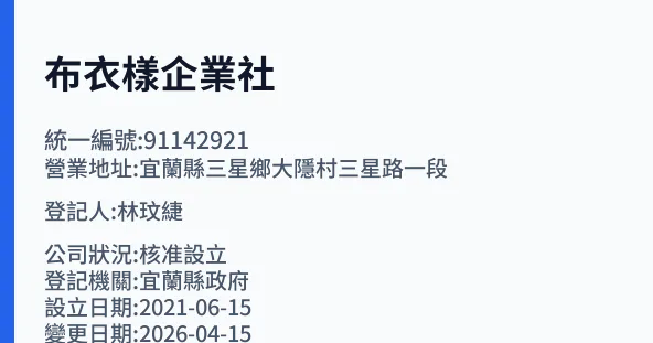 布衣樣企業社的照片-統編 91142921(宜蘭縣) 公司登記資料與營業項目詳細圖表