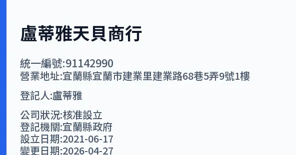 盧蒂雅天貝商行的照片-統編 91142990(宜蘭縣) 公司登記資料與營業項目詳細圖表
