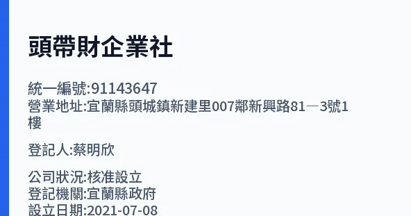 頭帶財企業社的照片-統編 91143647(宜蘭縣) 公司登記資料與營業項目詳細圖表