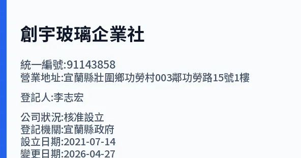 創宇玻璃企業社的照片-統編 91143858(宜蘭縣) 公司登記資料與營業項目詳細圖表