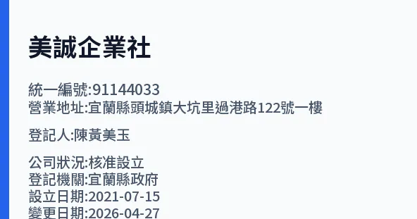 美誠企業社的照片-統編 91144033(宜蘭縣) 公司登記資料與營業項目詳細圖表