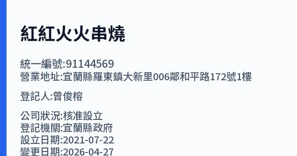 紅紅火火串燒的照片-統編 91144569(宜蘭縣) 公司登記資料與營業項目詳細圖表