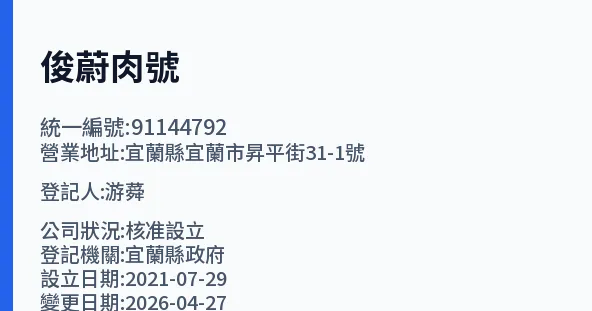俊蔚肉號的照片-統編 91144792(宜蘭縣) 公司登記資料與營業項目詳細圖表