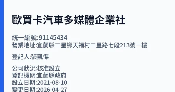 歐買卡汽車多媒體企業社的照片-統編 91145434(宜蘭縣) 公司登記資料與營業項目詳細圖表