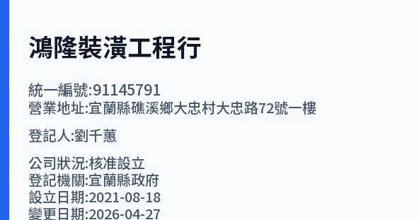 鴻隆裝潢工程行的照片-統編 91145791(宜蘭縣) 公司登記資料與營業項目詳細圖表