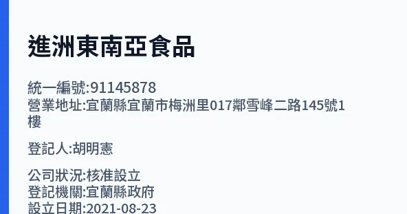進洲東南亞食品的照片-統編 91145878(宜蘭縣) 公司登記資料與營業項目詳細圖表