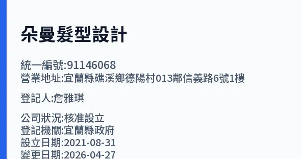 朵曼髮型設計的照片-統編 91146068(宜蘭縣) 公司登記資料與營業項目詳細圖表