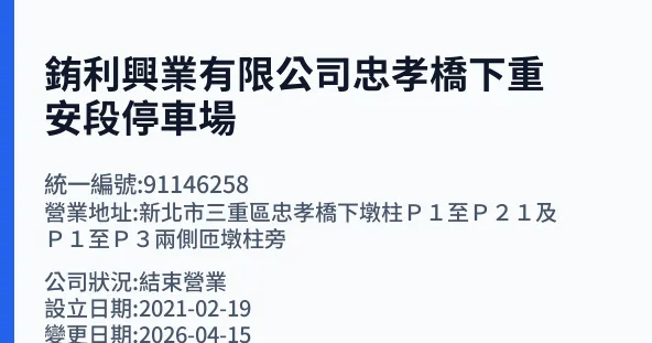 銪利興業有限公司忠孝橋下重安段停車場的照片-統編 91146258(新北市) 公司登記資料與營業項目詳細圖表