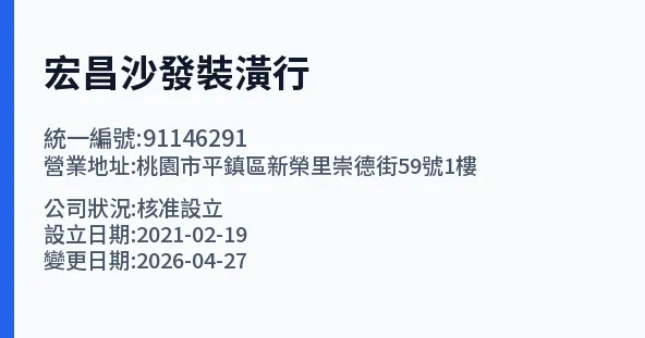 宏昌沙發裝潢行的照片-統編 91146291(桃園市) 公司登記資料與營業項目詳細圖表