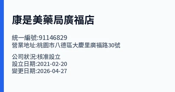 康是美藥局廣福店的照片-統編 91146829(桃園市) 公司登記資料與營業項目詳細圖表
