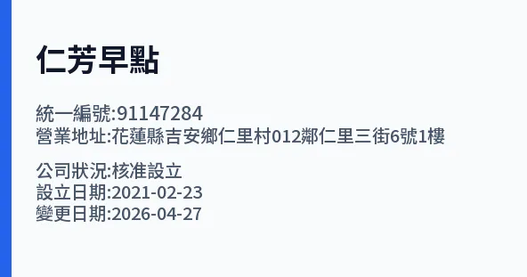 仁芳早點的照片-統編 91147284(花蓮縣) 公司登記資料與營業項目詳細圖表