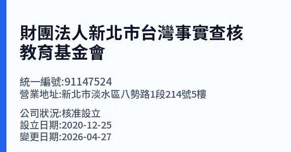 財團法人新北市台灣事實查核教育基金會的照片-統編 91147524(新北市) 公司登記資料與營業項目詳細圖表