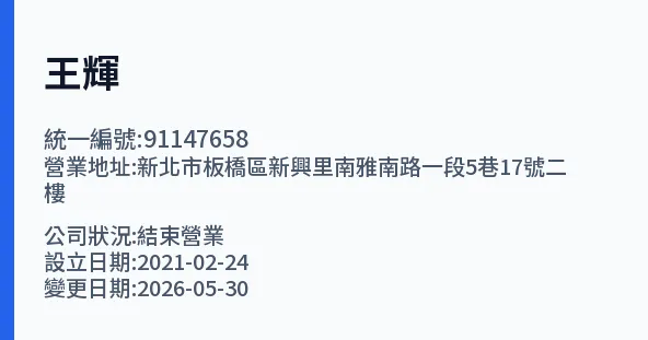 王輝的照片-統編 91147658(新北市) 公司登記資料與營業項目詳細圖表