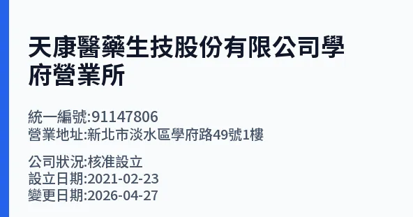 天康醫藥生技股份有限公司學府營業所的照片-統編 91147806(新北市) 公司登記資料與營業項目詳細圖表