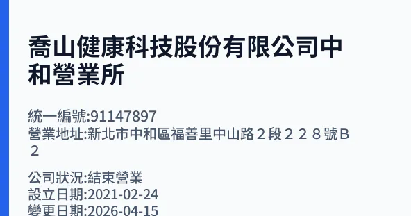 喬山健康科技股份有限公司中和營業所的照片-統編 91147897(新北市) 公司登記資料與營業項目詳細圖表