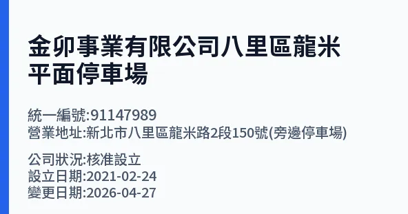 金卯事業有限公司八里區龍米平面停車場的照片-統編 91147989(新北市) 公司登記資料與營業項目詳細圖表
