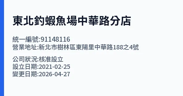 東北釣蝦魚場中華路分店的照片-統編 91148116(新北市) 公司登記資料與營業項目詳細圖表