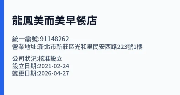 龍鳳美而美早餐店的照片-統編 91148262(新北市) 公司登記資料與營業項目詳細圖表