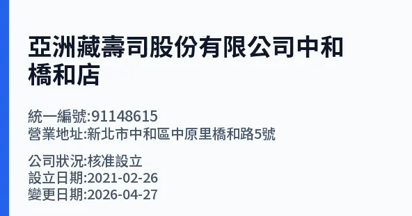 亞洲藏壽司股份有限公司中和橋和店的照片-統編 91148615(新北市) 公司登記資料與營業項目詳細圖表