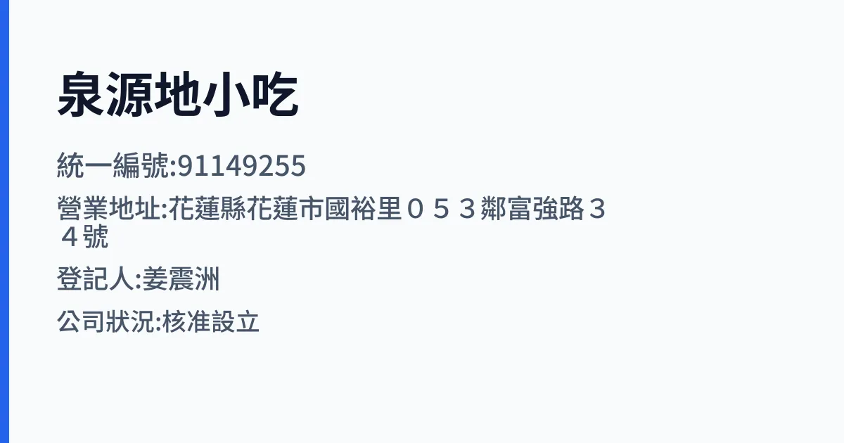 泉源地小吃 - 統編 91149255(花蓮縣) 公司登記資料與營業項目詳細圖表