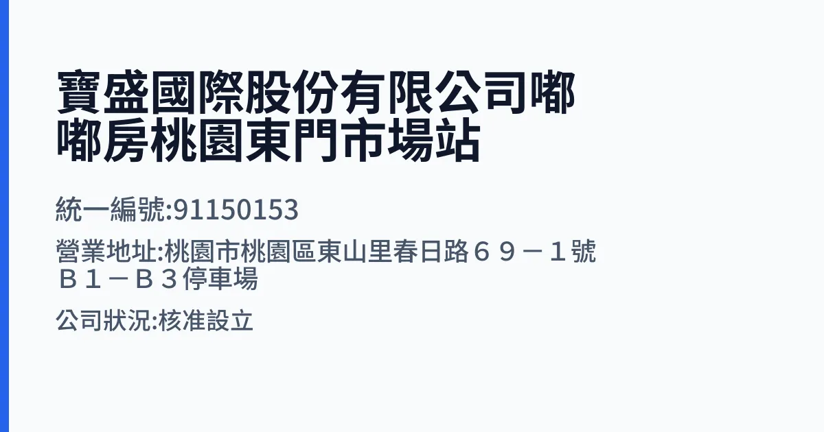 寶盛國際股份有限公司嘟嘟房桃園東門市場站 - 統編 91150153(桃園市) 公司登記資料與營業項目詳細圖表
