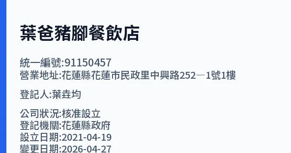 葉爸豬腳餐飲店的照片-統編 91150457(花蓮縣) 公司登記資料與營業項目詳細圖表