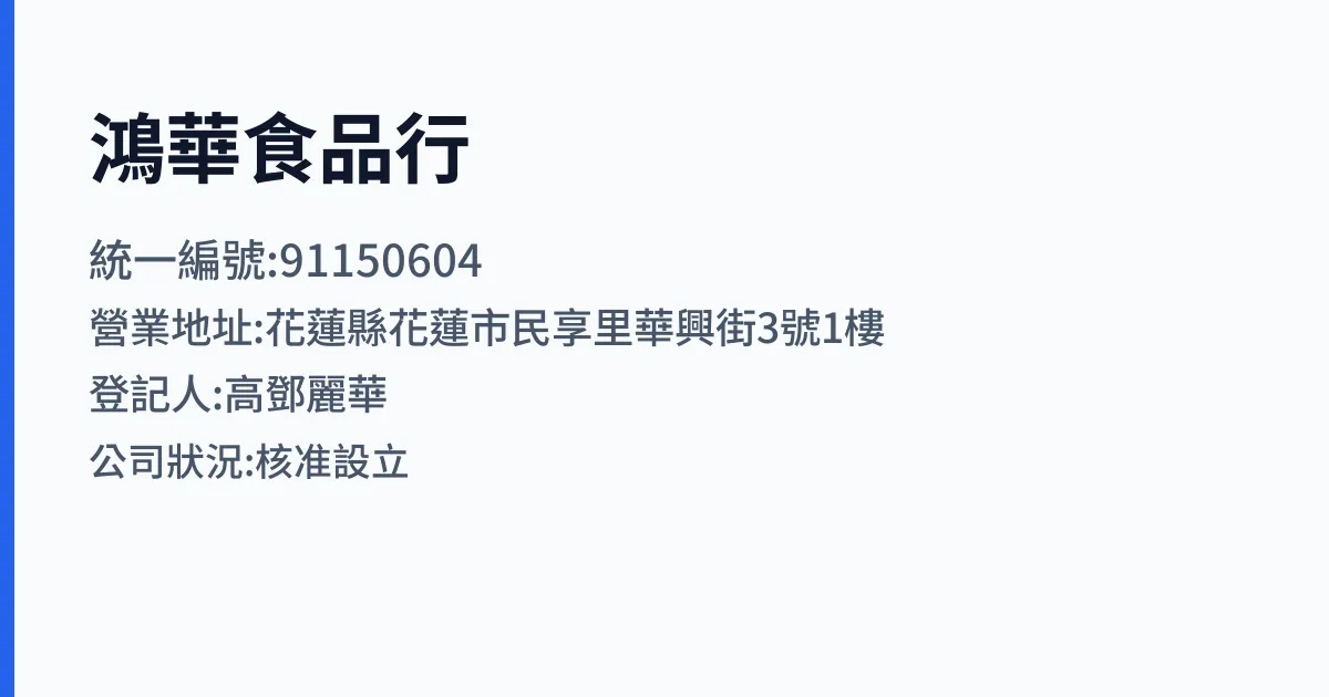 鴻華食品行 - 統編 91150604(花蓮縣) 公司登記資料與營業項目詳細圖表