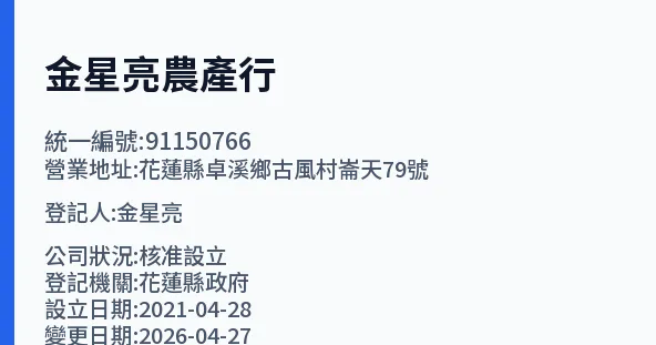 金星亮農產行的照片-統編 91150766(花蓮縣) 公司登記資料與營業項目詳細圖表