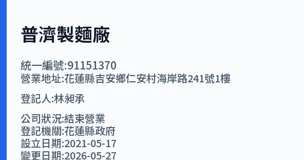 普濟製麵廠的照片-統編 91151370(花蓮縣) 公司登記資料與營業項目詳細圖表