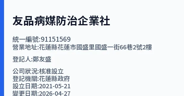 友品病媒防治企業社的照片-統編 91151569(花蓮縣) 公司登記資料與營業項目詳細圖表