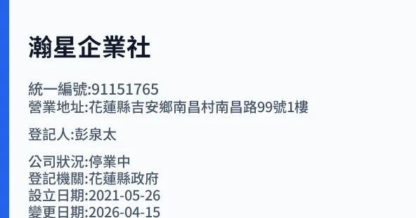 瀚星企業社的照片-統編 91151765(花蓮縣) 公司登記資料與營業項目詳細圖表