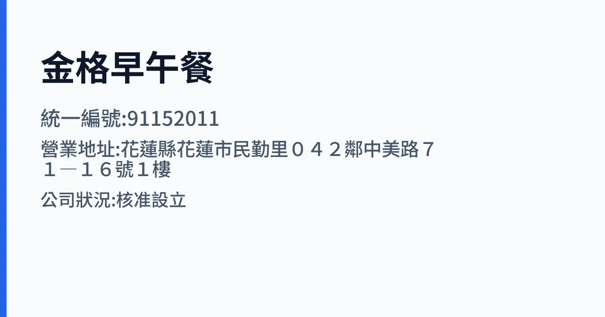 金格早午餐 - 統編 91152011(花蓮縣) 公司登記資料與營業項目詳細圖表