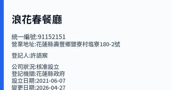 浪花春餐廳的照片-統編 91152151(花蓮縣) 公司登記資料與營業項目詳細圖表