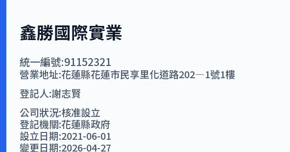 鑫勝國際實業的照片-統編 91152321(花蓮縣) 公司登記資料與營業項目詳細圖表