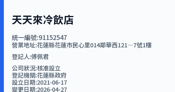 天天來冷飲店的照片-統編 91152547(花蓮縣) 公司登記資料與營業項目詳細圖表