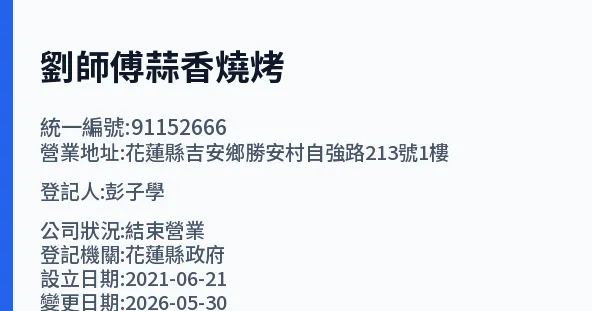 劉師傅蒜香燒烤的照片-統編 91152666(花蓮縣) 公司登記資料與營業項目詳細圖表