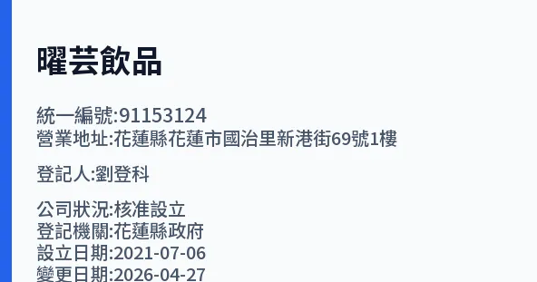 曜芸飲品的照片-統編 91153124(花蓮縣) 公司登記資料與營業項目詳細圖表