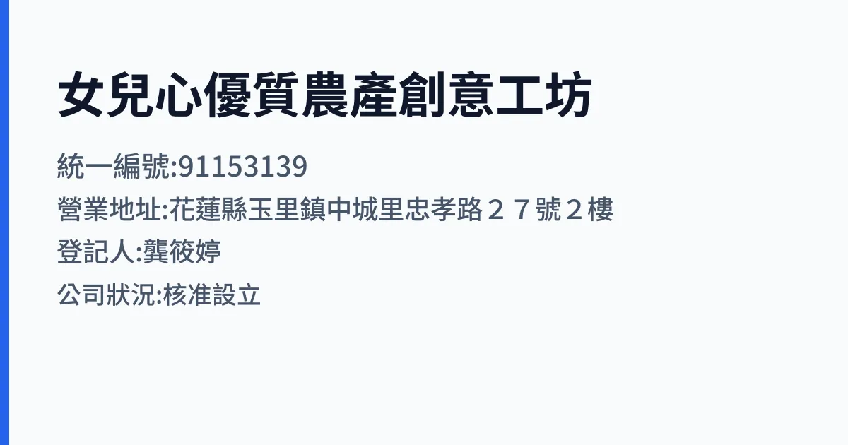 女兒心優質農產創意工坊 - 統編 91153139(花蓮縣) 公司登記資料與營業項目詳細圖表