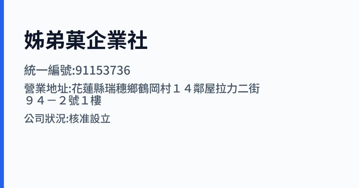 姊弟菓企業社 - 統編 91153736(花蓮縣) 公司登記資料與營業項目詳細圖表